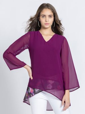 Buy SHAYE V-Neck Purple Overlap Georgette Ethnic Tunic for Women (S) Online