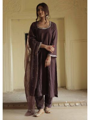 Buy Resha India Makhmali Brown Straight Kurta (Set of 3) (XL) Online