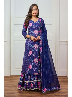 Buy Tanoti Gota Patti Blue Chic Patchwork Long Kurta with Skirt ...
