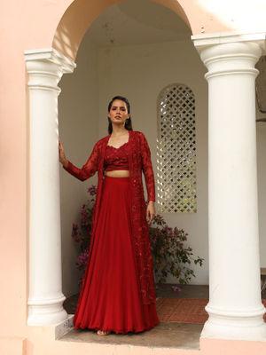 Buy SAISHA Long Jacket With Choli And Lehanga (Set of 3) Online