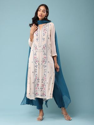 Buy Aarke Ritu Kumar Ivory Embroidered Kurta with Pant and Dupatta (Set ...