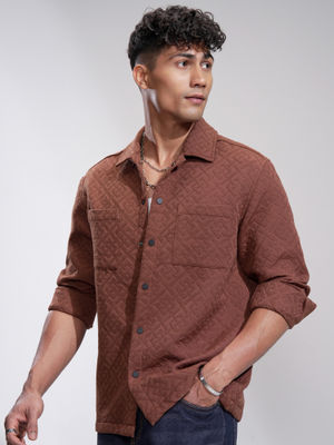 Buy HIGHLANDER Men Rust Solid Quilted Jacquard Textured Relaxed Shirt ...