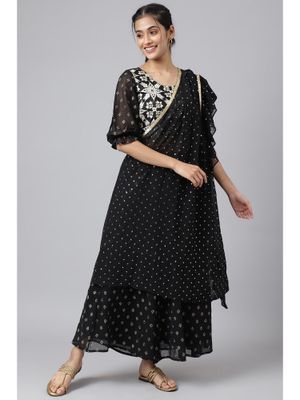 Buy Aurelia Black Embroidered Top with Semi Flared Palazzo and Dupatta ...