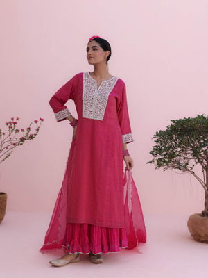 Buy CHARU MAKKAR Misha Rani Pink Kurta with Skirt and Dupatta (Set of 3 ...