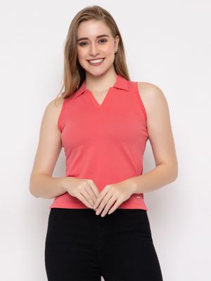 Buy Femea Women Coral Polo Collar Sleeveless T-Shirt (S) Online