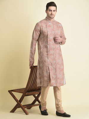 Buy Tabard Ethnicwear Pink Cotton Printed Long Sleeves Mandarin Kurta ...