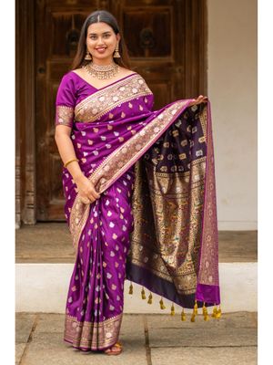 Buy I LOVE SAREES Fig Purple Golden Zari Border Saree with Unstitched ...
