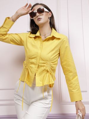 Buy AAREIN Yellow Spread Collar Ruched Shirt Online