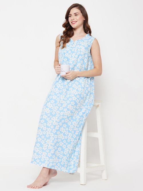 Clovia Nightdress : Buy Clovia Pretty Florals Long Nighty In Light Blue ...