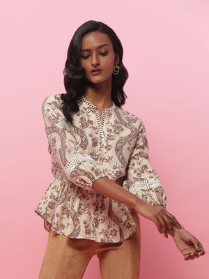 Buy Label Ritu Kumar Ecru Botanic Print Top Online