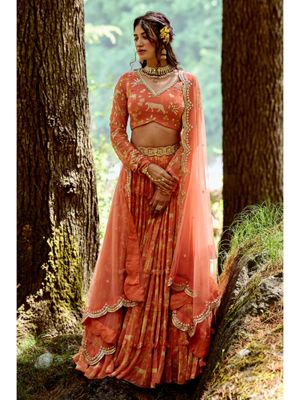 Buy Paulmi & Harsh Sherbet Orange 5-layered Lehenga (Set of 4) Online