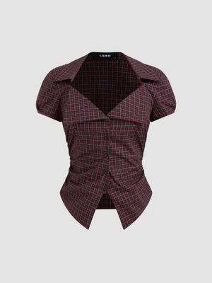 Buy Cider 100% Cotton Tartan Split Ruched Shirt style Top (XXS) Online