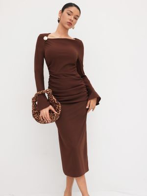 Buy Cider Asymmetrical Neck Ruched Split Midi Dress (XXS) Online