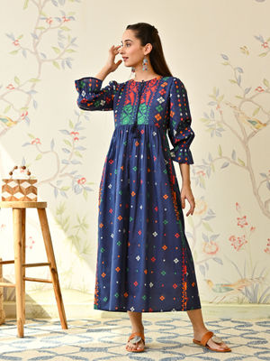 Buy Rustorange Navy Blue Jamdani Inspired Cotton Maxi Dress with Front ...