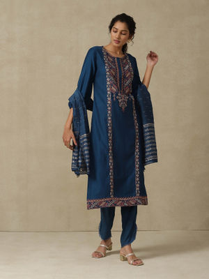Buy Aarke Ritu Kumar Navy Blue Embroidered Kurta with Pant and Dupatta ...