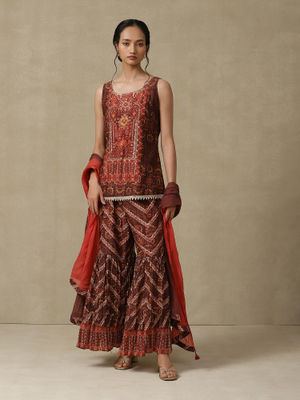 Buy Aarke Ritu Kumar Brown Round Neck Printed Kurti with Sharara and ...