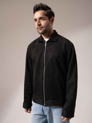 Buy Perch Men Black Suede Solid Zipper Jacket (XS) Online