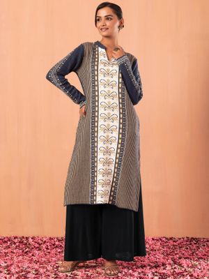 Buy Indya Grey Abstract Motif Collared Woollen Kurta Online
