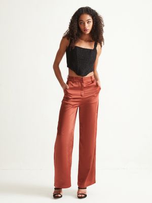 Buy COVER STORY Solid Rust Satin Trouser Online