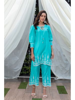 Buy SEW AND YOU Turquoise Scallop Embroidered Co-Ord (Set of 2) (XS) Online