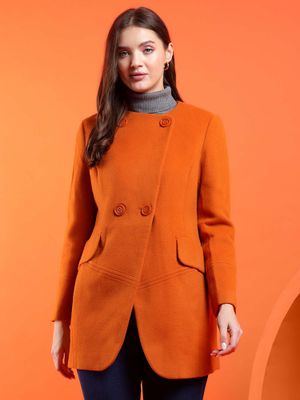 Buy KOTTY Elegant Double-Breasted Solid Orange Coat (L) Online