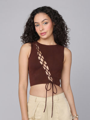 Buy MIXT by Nykaa Fashion Brown Cut Out Tie Up Round Neck Ribbed Short ...