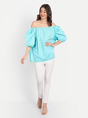 Buy IKI CHIC Turquoise Off Shoulder Balloon Sleeve Top Online