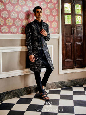 Buy SWATHI VELDANDI Midnight Black Embellished Sherwani with Trouser ...