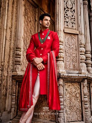 Buy SWATHI VELDANDI Scarlet Red Embellished Sherwani with Trouser and ...