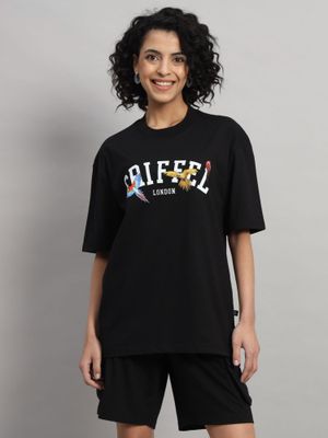 Buy Griffel Women Birds Oversized Black T-shirt Online