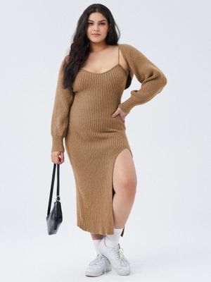 Buy Cider Brown Curve and Plus Knit Solid Cami Split Midi Dress with Crop Shrug (Set of 2) (XL ...