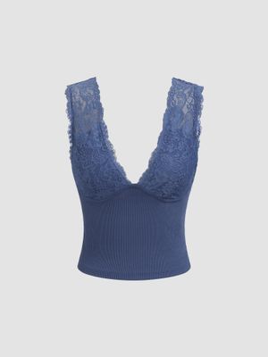 Buy Cider Blue Lace V Neck Cami Crop Top (S) Online