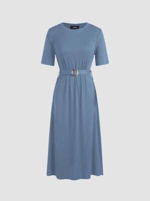 Buy Cider Blue Solid Belted Knitted Midi Dress (Set of 2) (XS) Online