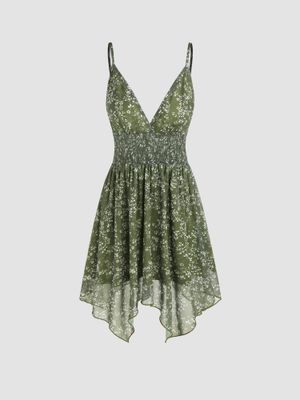 Buy Cider Green Deep V-Neck Conversational Backless Ruffle Cami Mini ...