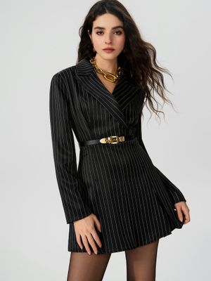 Buy Cider Black Striped Split Button Blazer Mini Dress with Belt (Set of 2) (XL) Online