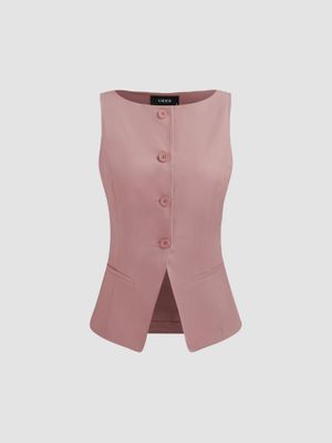 Buy Cider Pink Woven Boat Neck Solid Button Vest Top (M) Online