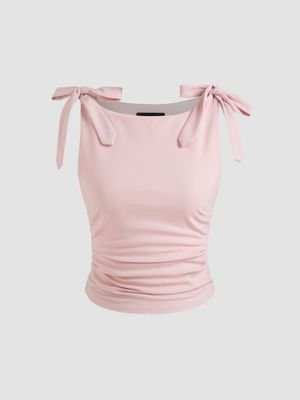 Buy Cider Pink Jersey Boat Neck Solid Bowknot Ruched Crop Top (XXS) Online