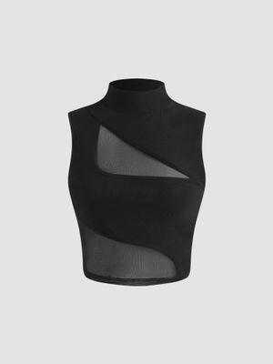 Buy Cider Black Mesh High Neck Patched Crop Tank Top (S) Online