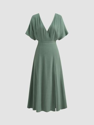 Buy Cider Green Linen Blend V Neck Solid Ruffle Split Maxi Dress (XL) Online