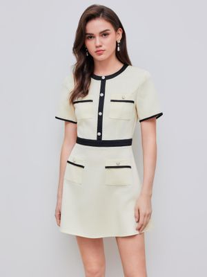 Buy Cider Tweed Round Neckline Contrasting Binding Pearl Button Mini ...