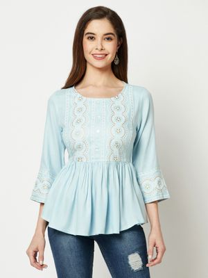 Buy Imara Light Blue Lippan Print Gathered Top Online