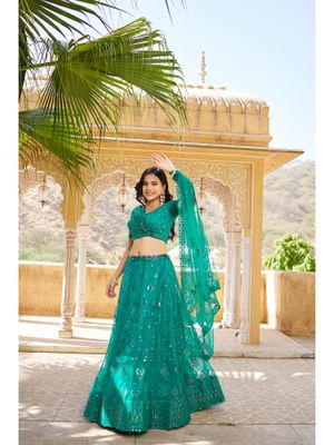 Buy Pink Ethnic Rama Blue Sequins Embroidered Net Lehenga Choli Online