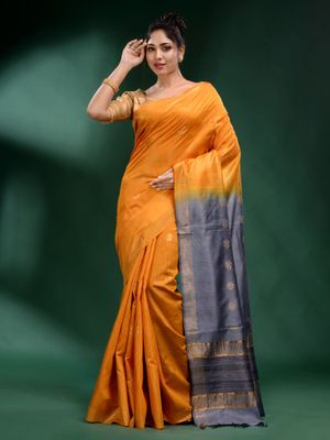 Buy CHARUKRITI Yellow Tussar Silk Handwoven Soft Saree with Unstitched ...