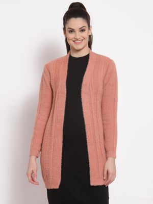 Buy Juelle Women Textured Viscose Shawl Lapel Full Sleeves Pink Shrug ...