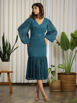 Buy Femme Sequel Teal Green Lurex Midi Dress Online