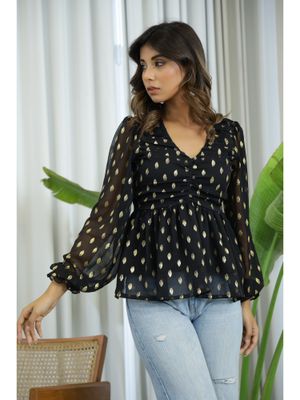 Buy Femme Sequel Black Gold Foil Chiffon Top Online
