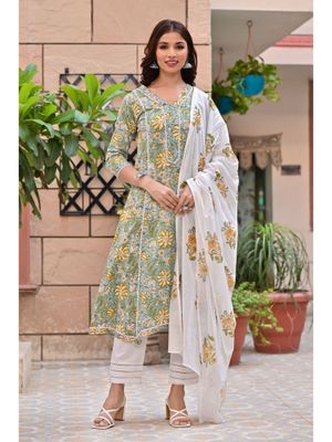 Buy Hatheli Olive Floral Hand Block Kurta Palazzo Dupatta (Set of 3) Online
