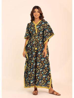 Buy Kaori By Shreya Navy Blue & Yellow Printed Relaxed Cotton Kaftan ...