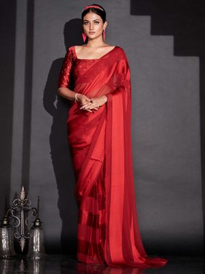 Buy Tikhi Imli Red Striped Polyester Ready To Wear Saree with ...
