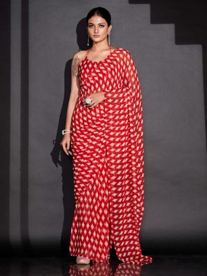 Buy Tikhi Imli Ready To Wear Red Geometric Printed Saree with ...
